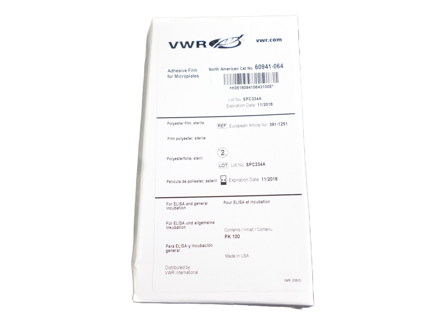 VWR Adhesive Microplate Film Polyester Sterile 77.5µm 60941-064 (Case ...