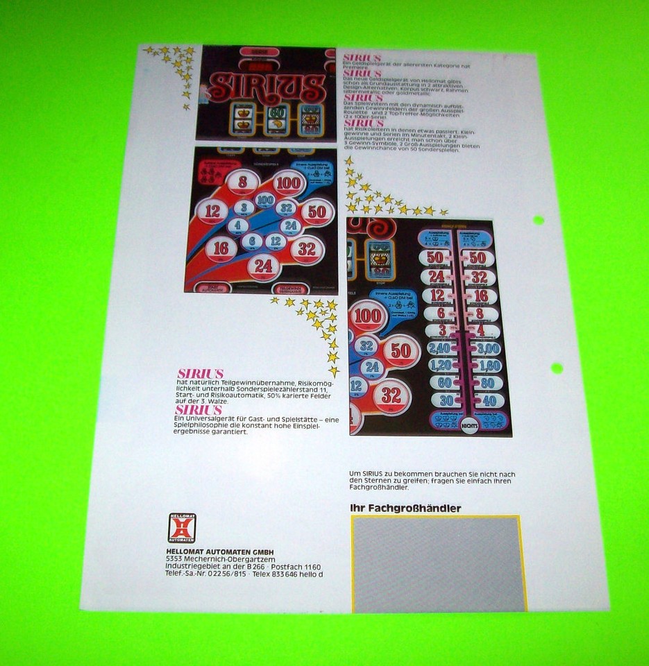 SIRIUS By HELLOMAT AUTOMATEN ORIGINAL GERMAN TEXT SLOT GAMBLING MACHINE ...