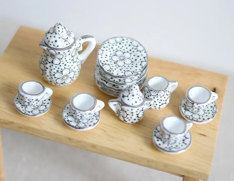 Dollhouse Miniature Porcelain Dinnerware Coffee tea pot cups dish set ...