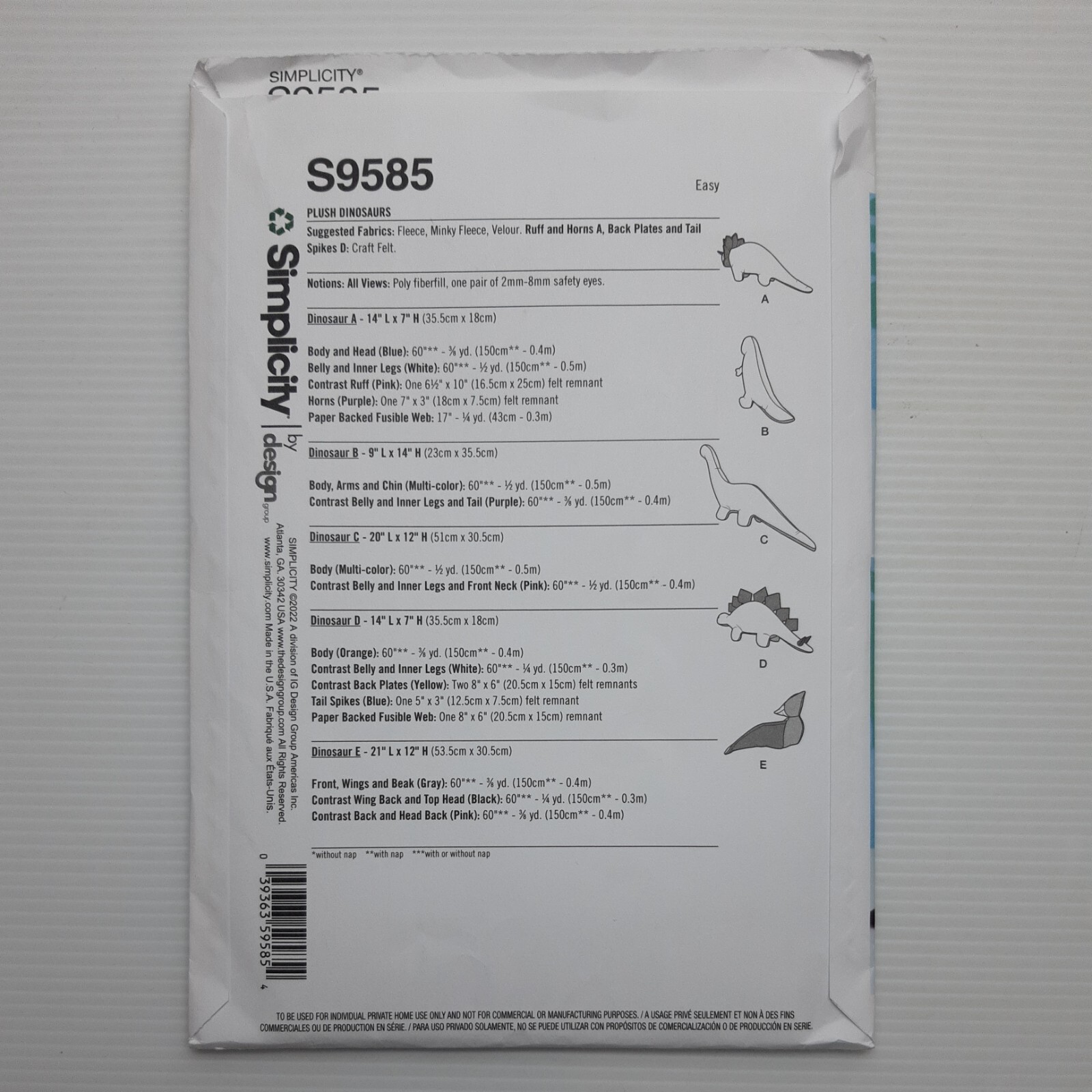 Simplicity Sewing Pattern 9585 S9585 Plush Dinosaurs 5 Designs Size OSZ ...