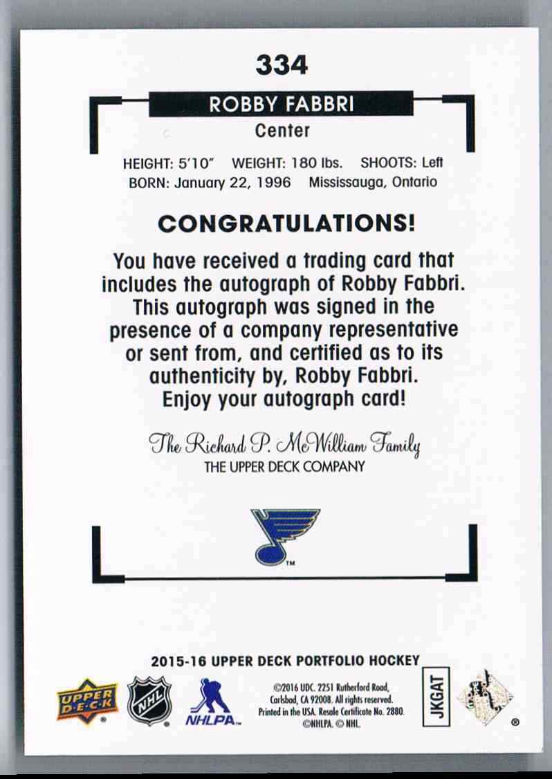 2015-16 PORTFOLIO BLACK & WHITE AUTOGRAPH ROBBY FABBRI ROOKIE AUTO ST ...