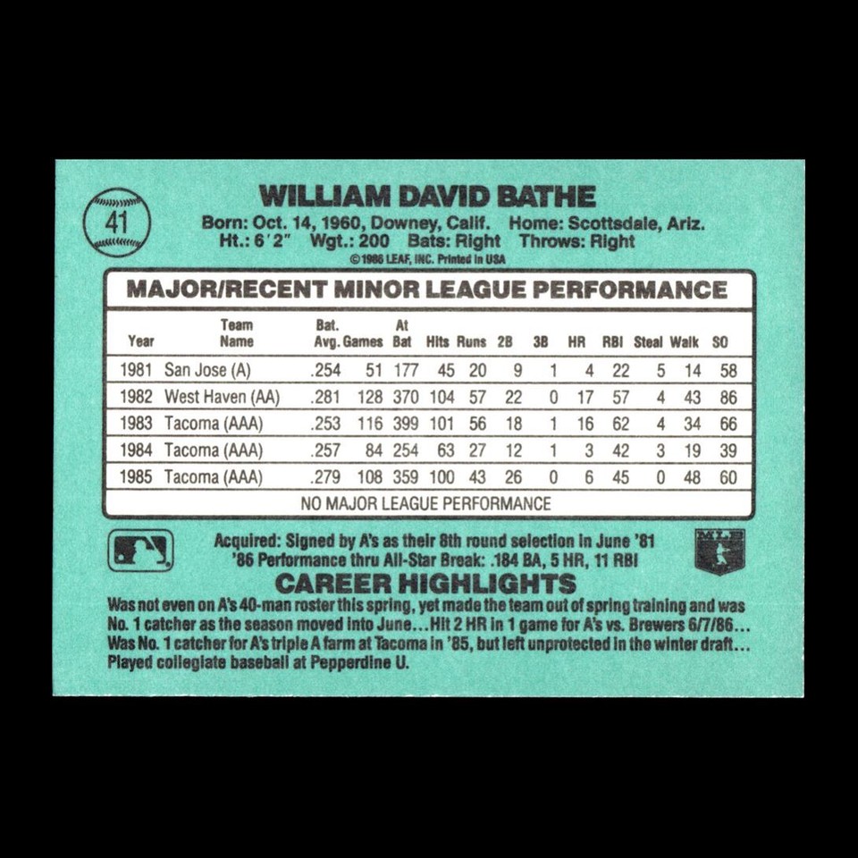 Bill Bathe 1986 Donruss The Rookies Oakland Athletics #41 Nice R304 | eBay