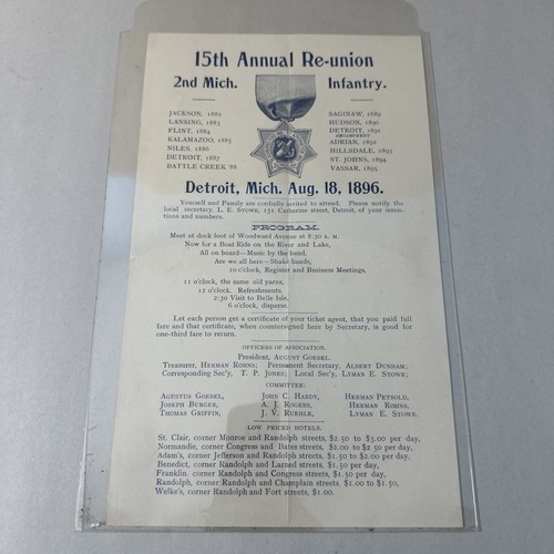Civil War Veterans Reunion Broadside 2nd Michigan Infantry 1896 Detroit ...