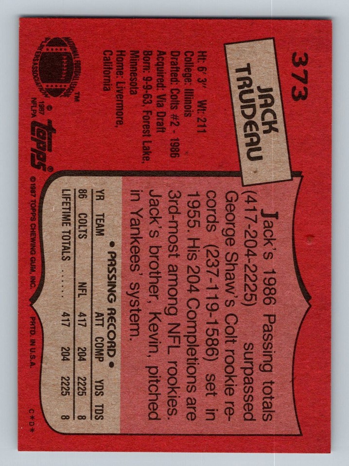 1987 Topps #373 Jack Trudeau RC Rookie Indianapolis Colts | eBay