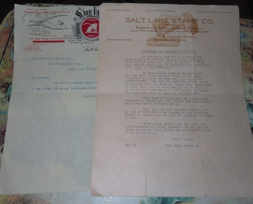 Salt Lake Stamp Company Utah letterhead 2 business letters 1908 1913 ...