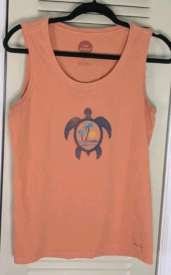 Life is Good Womens M Crusher Tank Top Orange With Turtle, Palm Trees ...