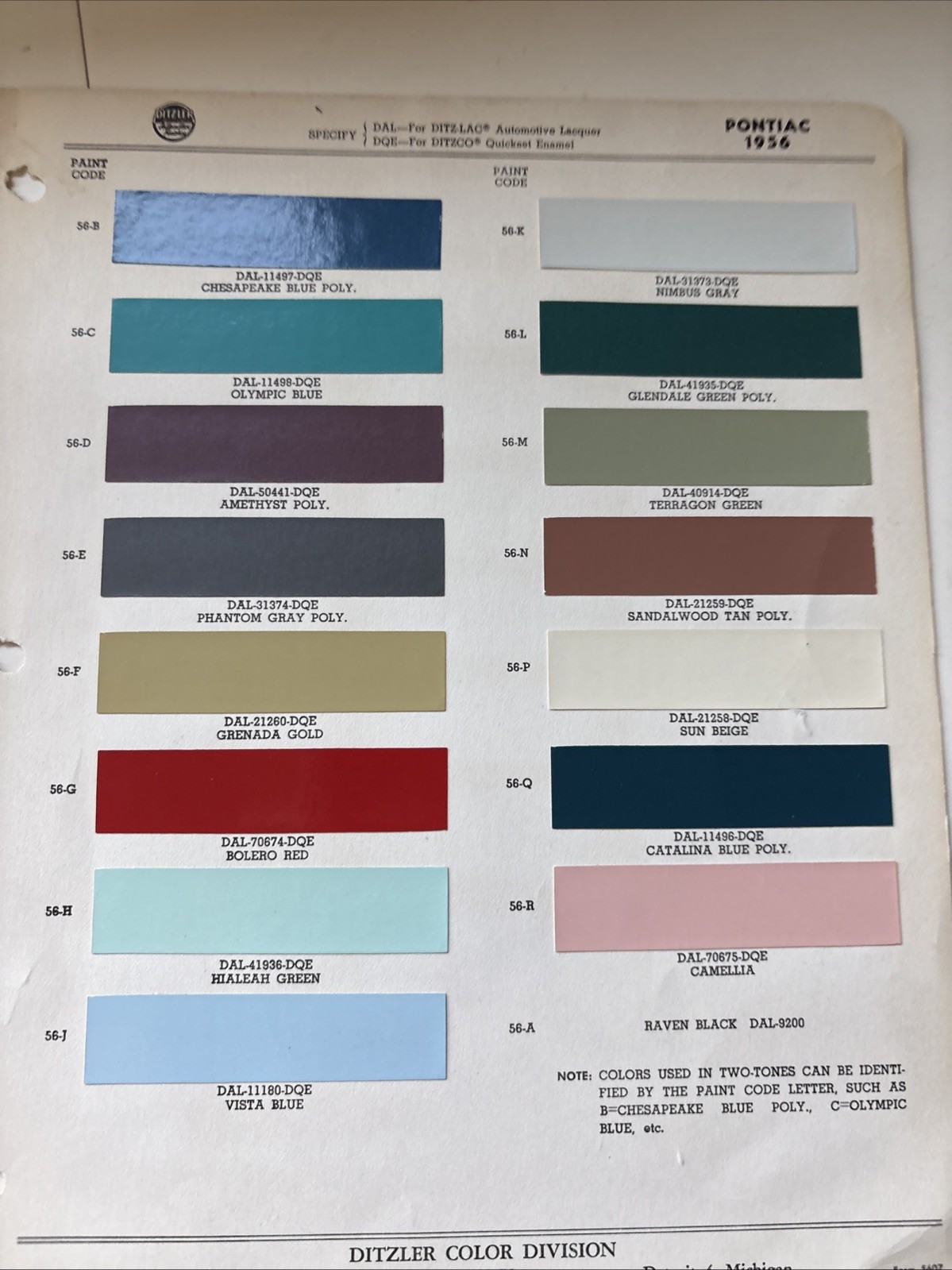 1956 Pontiac Color Chart From Ditzler Color Division | eBay