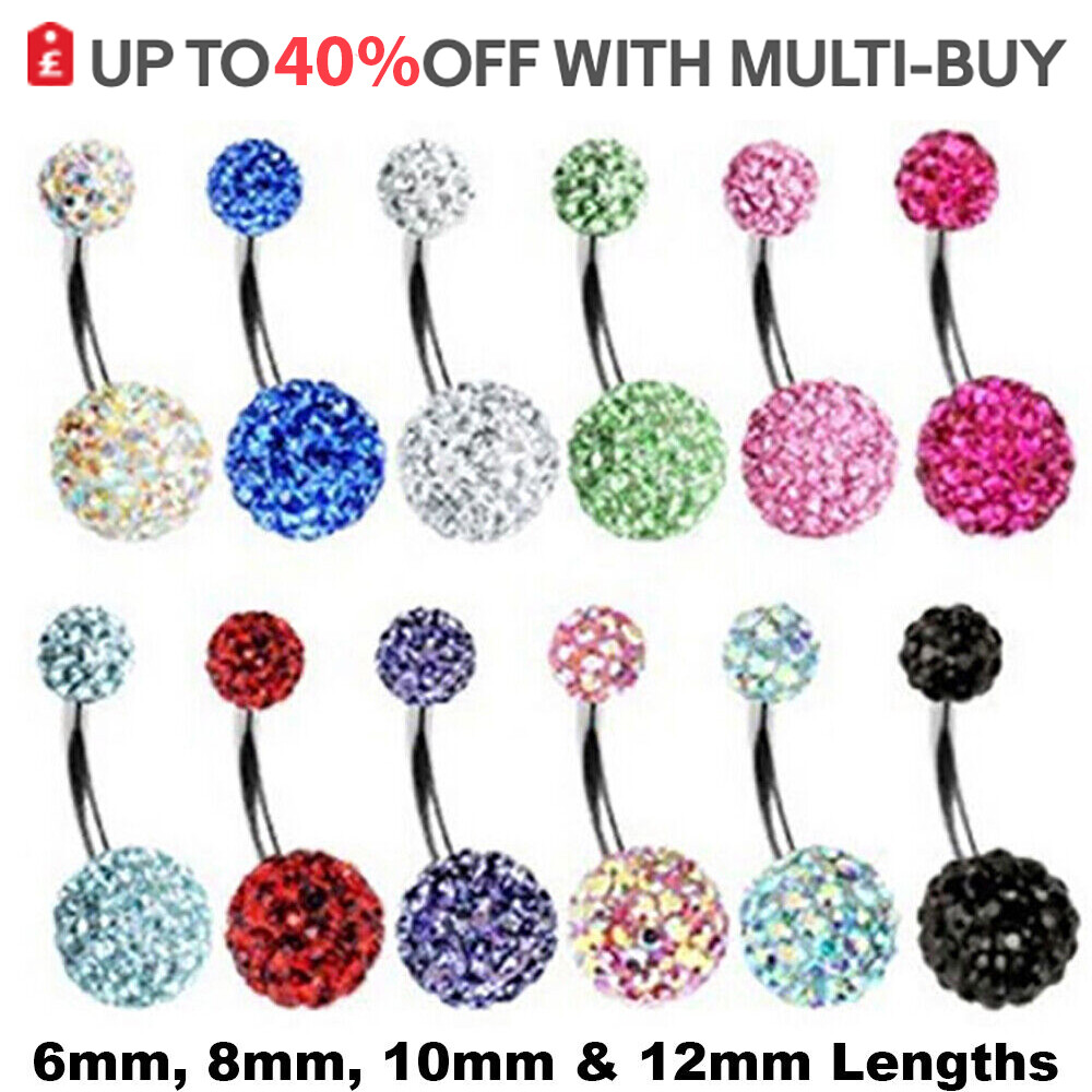 Belly Bars Navel Button Rings CZ Shamballa Gem Balls Body Piercing ...