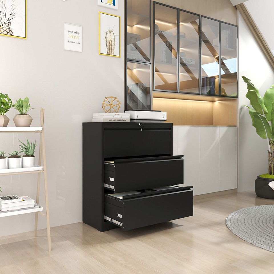Black Metal Drawer Lateral File Cabinet Lockable Home Storage Organizer ...