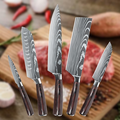 5 PCS Kitchen Knife Set Japanese Damascus Chef Knives Cleaver Set With ...