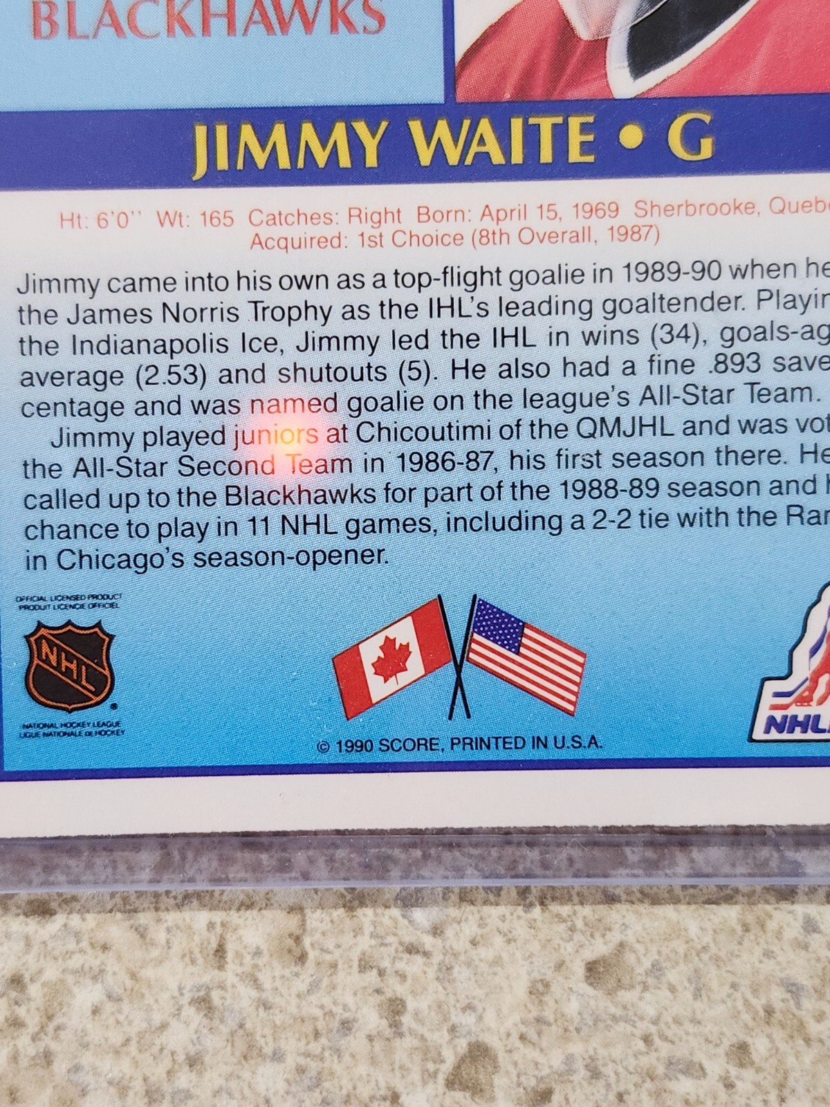 1990 Score Canadian #407 Jimmy Waite Hockey Chicago Blackhawks Rookie ...