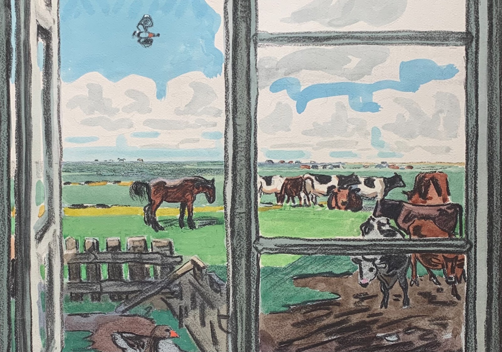 Watercolour Karl Adser 1912-1995 Horses And Cows At Sea Saltholm Window ...