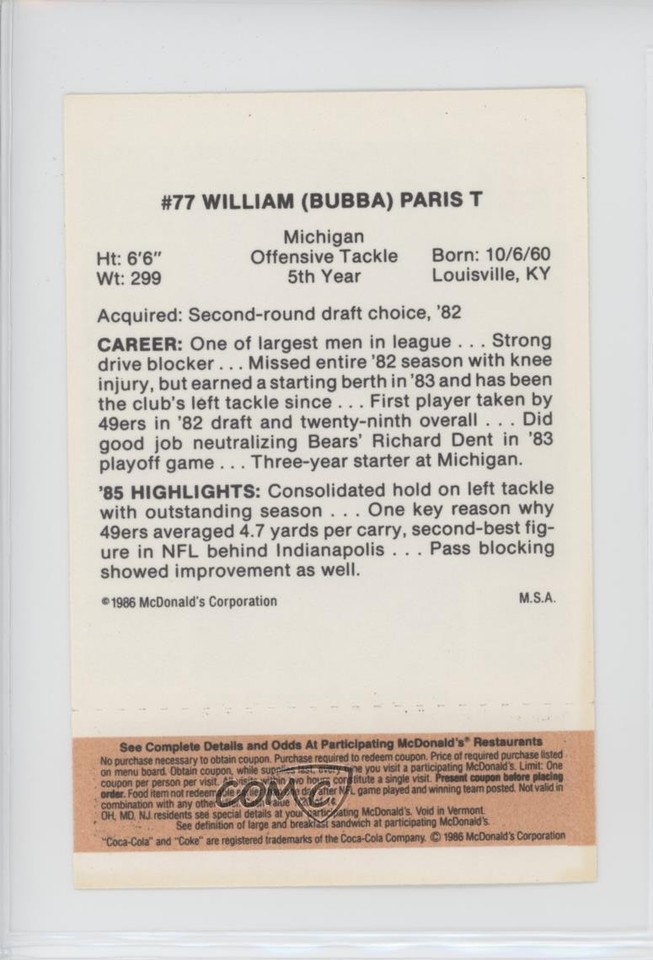 1986 McDonald's Play & Win San Francisco 49ers Orange Tab Bubba Paris | eBay UK