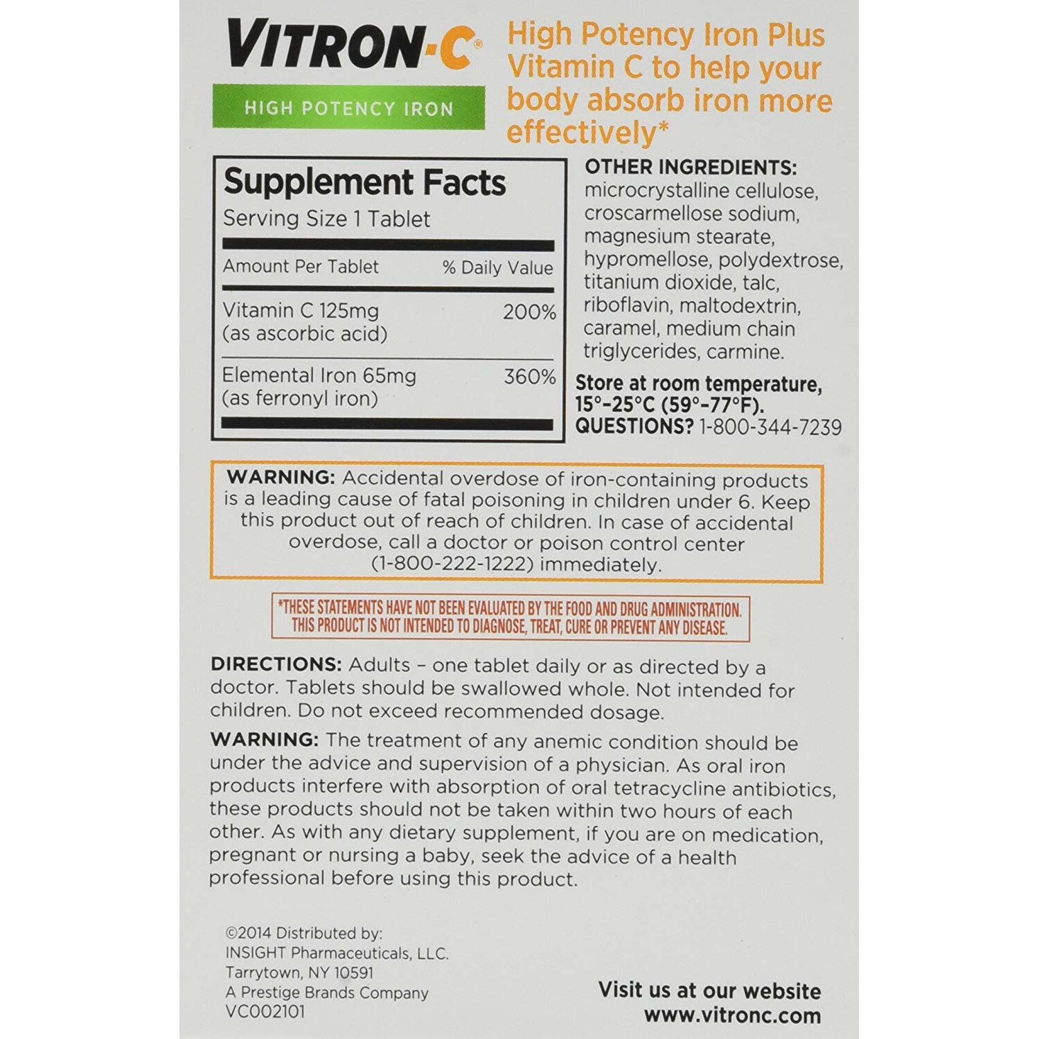 Vitron C Once A Day High Potency Iron and Vitamin C Tablets 60 Count ...