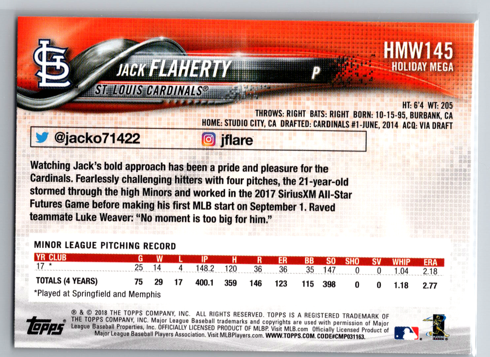 Jack Flaherty 2018 Topps Holiday Mega Rookie Card HMW145 St. Louis ...