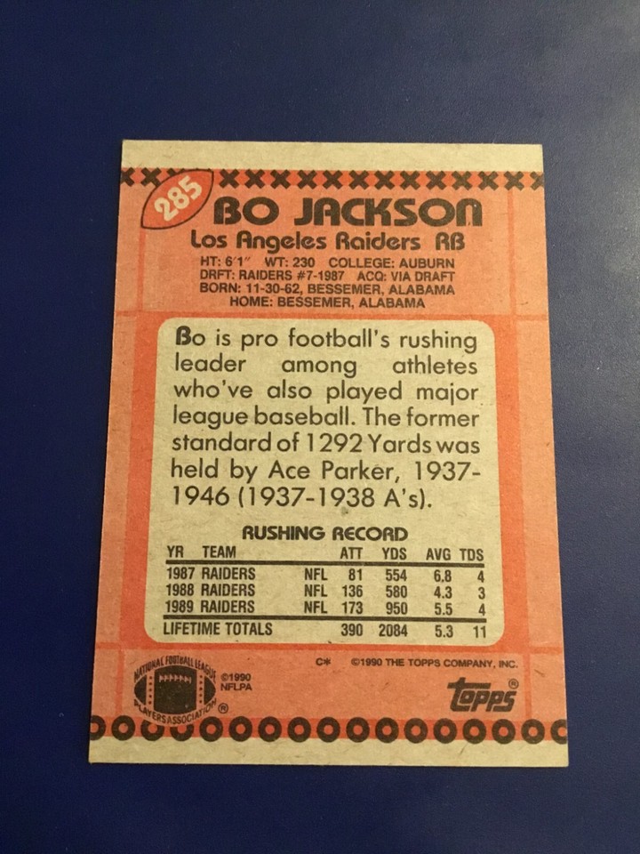 1990 Topps # 285 BO JACKSON Oakland Raiders TECMO BOWL Sharp Pack Fresh ...