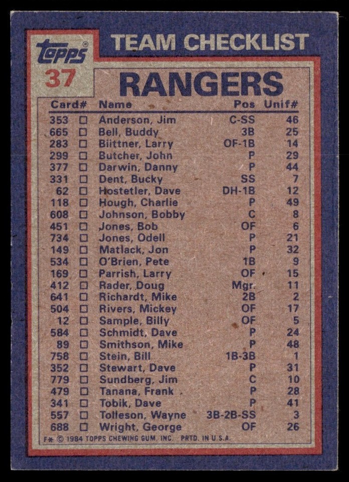 1984 Topps Buddy Bell/Rick Honeycutt Texas Rangers #37 | eBay