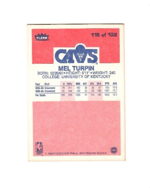 Melvin Turpin 1986-87 Fleer Cleveland Cavaliers Basketball Card #116 | eBay