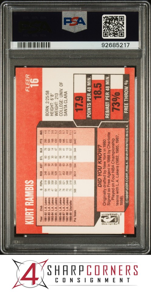1989 FLEER #16 KURT RAMBIS HORNETS PSA 9 K4109959-217 | eBay