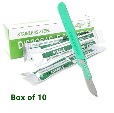 10 DISPOSABLE STERILE SURGICAL SCALPELS #22 STAINLESS STEEL BLADE ...