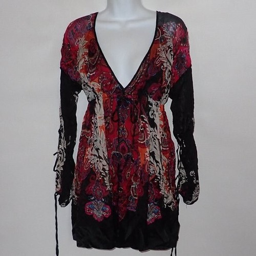 Bebe Tunic Top Women XXS Black Red Goth Lace Sheer Boho Long Sleeve ...