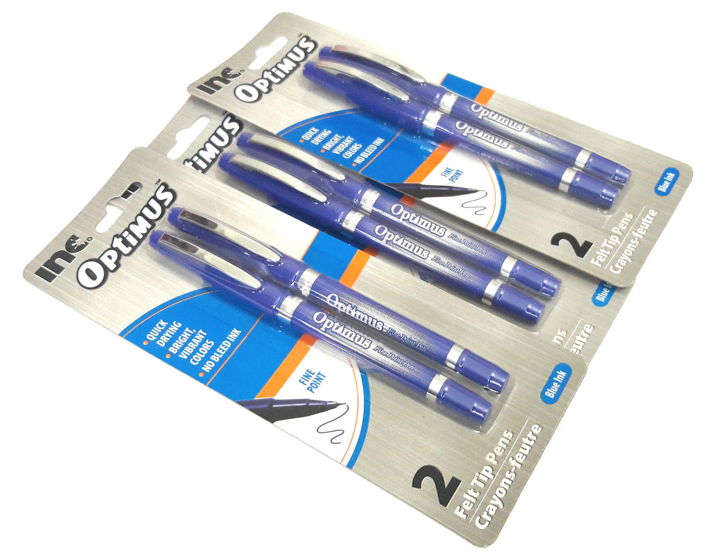 3 PACKS 6 FELT TIP PENS INC® Optimus™ BLUE INK FINE POINT QUICK DRYING ...