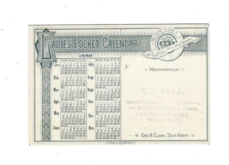 1880 Trade Card Calendar Clark's O.N.T. Thread Bell Nashua NH Boy ...