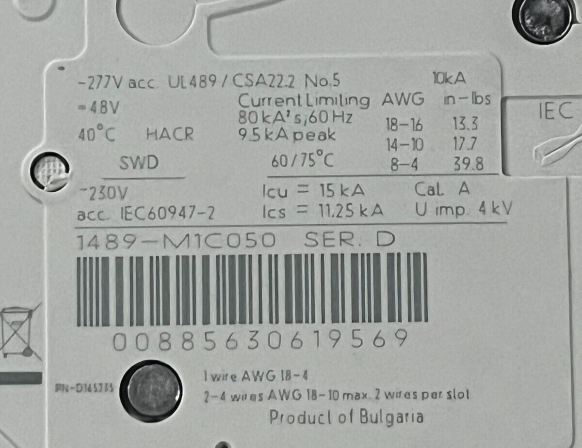 Qty 2 New NIB Allen Bradley 1489-M1C050 Ser D Circuit Breaker UL489 1 ...