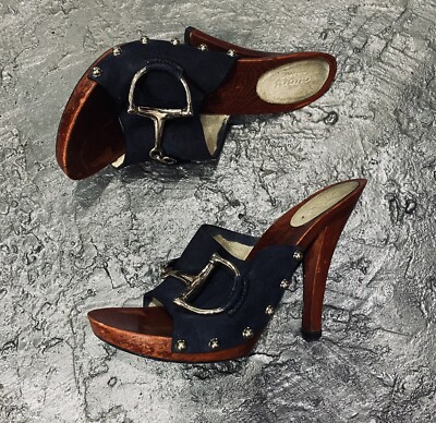 GUCCI Vintage Black Suede Logo Open Toe Wood Grommet Mule Slide Heels ...