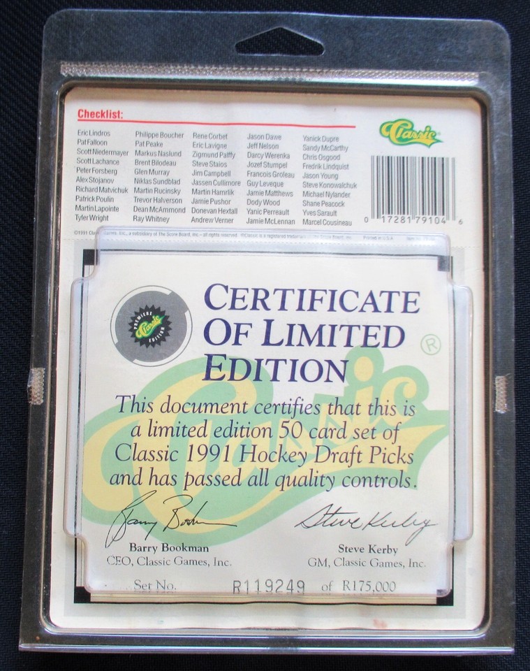 1991 Classic NHL Hockey Draft Picks Limited Edition w/Certificate ...