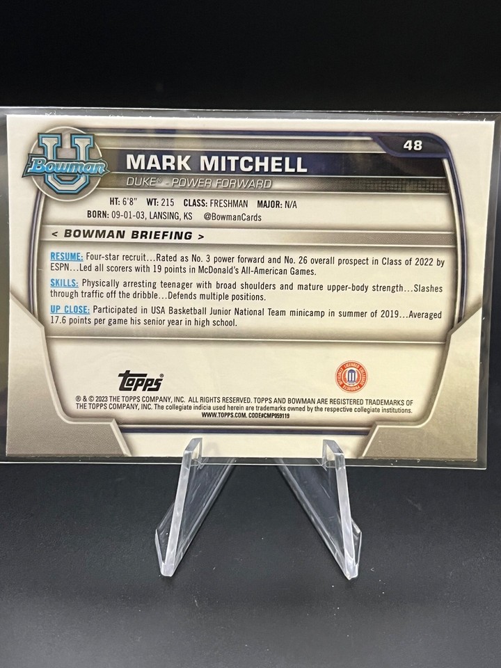 Mark Mitchell 2022-23 Bowman U Chrome Pink Refractor #48 Duke Blue ...