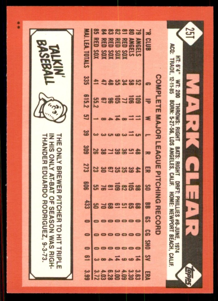 1986 Topps Traded Mark Clear Baseball Cards #25T | eBay