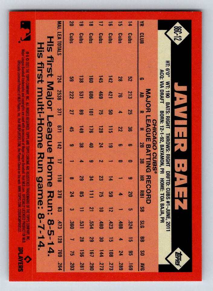 2021 Topps Update '86 Topps Silver Pack #86C12 Javier Baez (ref 198938 ...