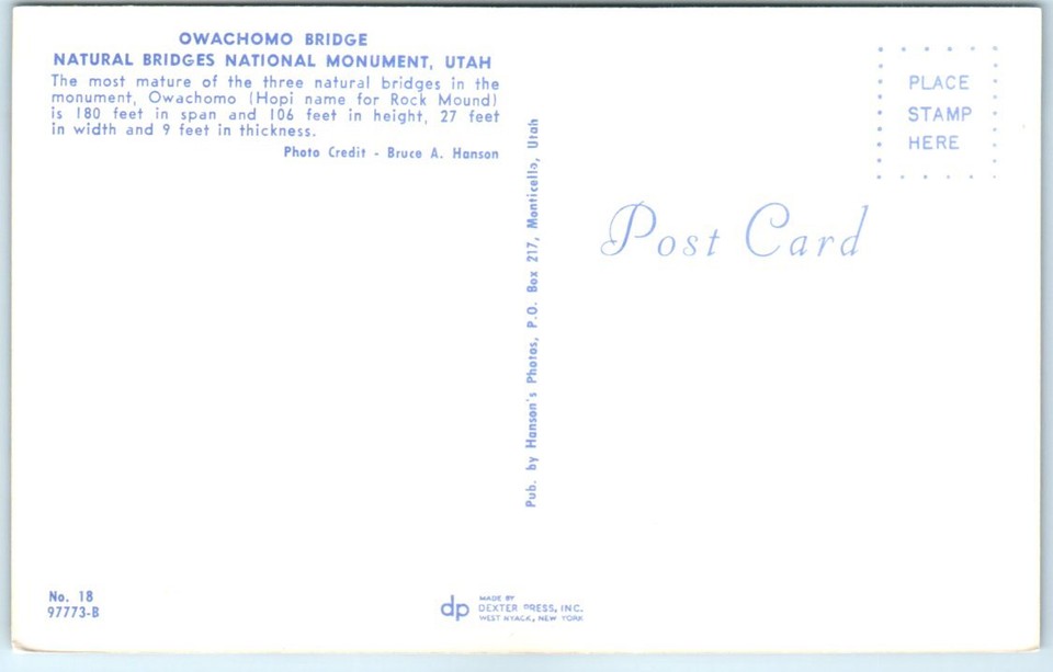 Postcard - Owachomo Bridge, Natural Bridges National Monument, Utah ...