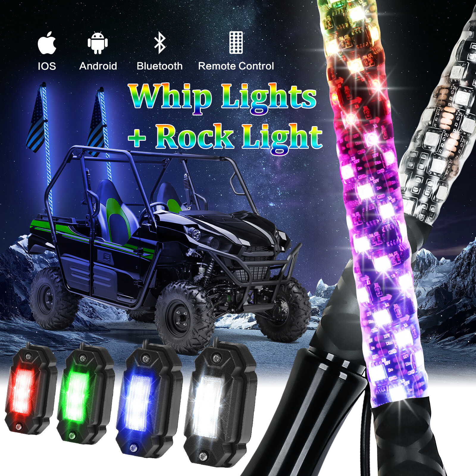2PC 4ft LED Whip Lights + 4PCS LED Rock Light Underglow Kit For ATV UTV ...
