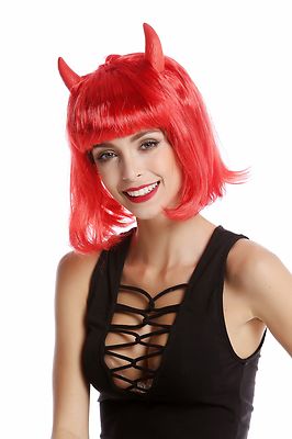 Women's Wig Carnival Halloween Devil She Devil Red Bob Short Red Horns ...