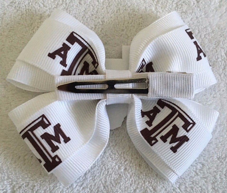 Girls Hair Bow 4" Wide Texas A&M Aggies White Ribbon Logo Alligator ...