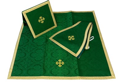 Maniple, Burse and Chalice Veil , green damask , golden trim | eBay