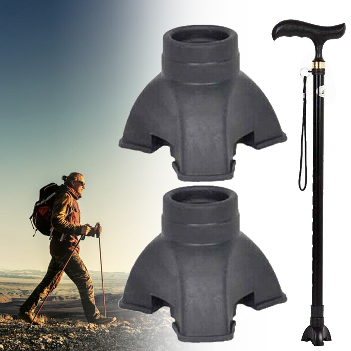 2x Walking Stick End Tripod Cane Tip Self Standing Non Slip Foot Pad ...