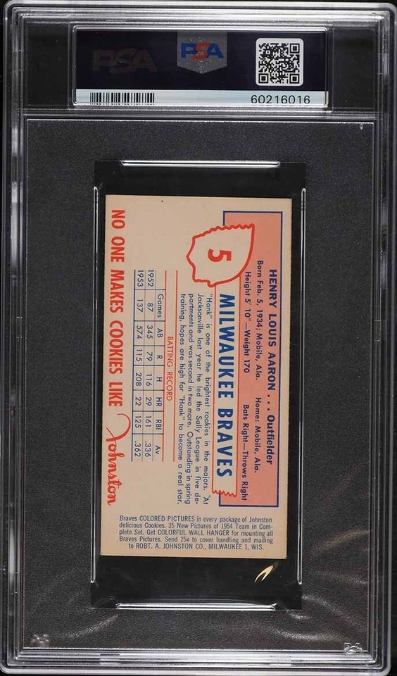 1954 Johnston Cookies HANK HENRY AARON Rookie RC #5 PSA 7 HOF (Fanatics ...