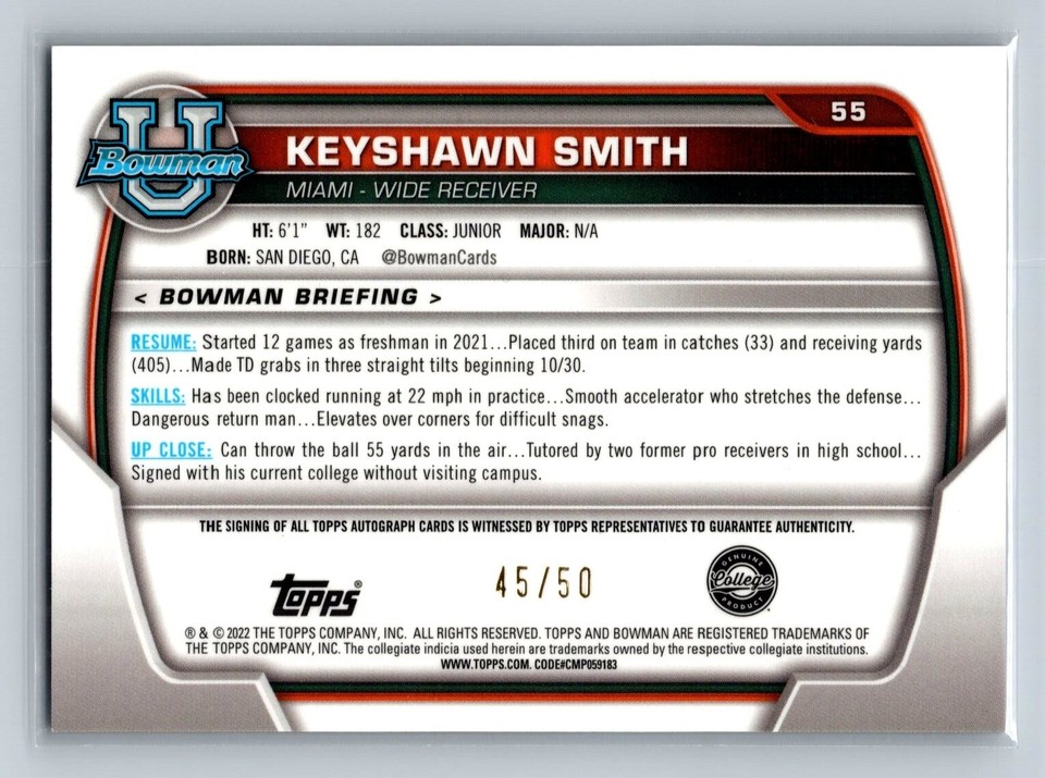 KEYSHAWN SMITH 2022 Bowman Chrome U University GOLD REFRACTOR AUTO /50 ...