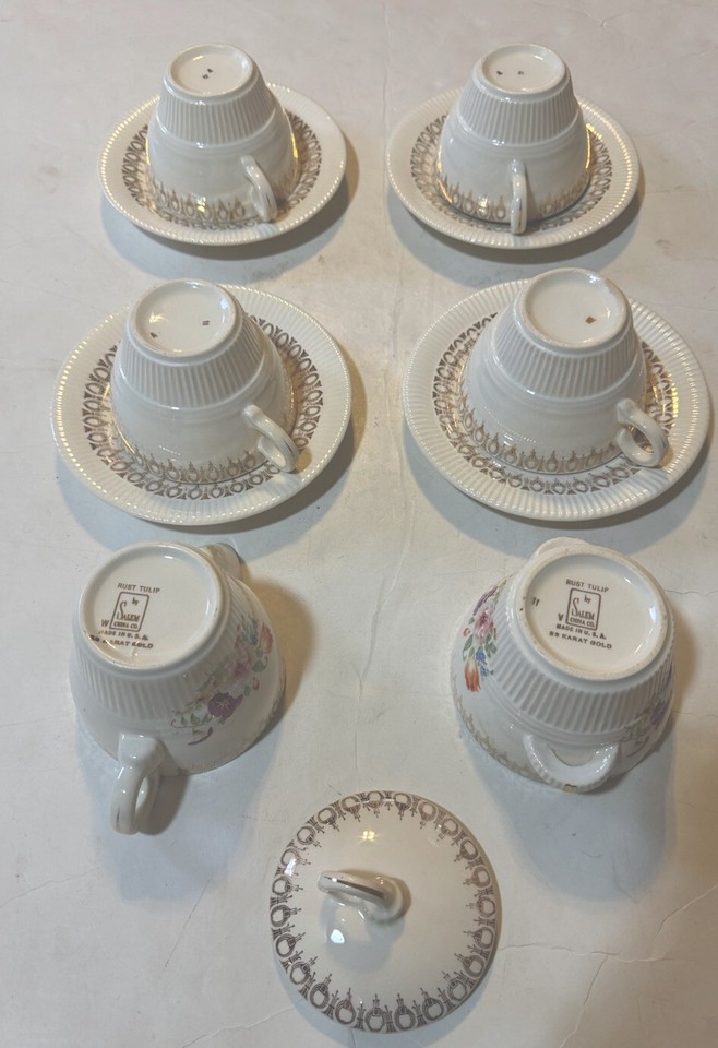 Rust Tulip-Salem China Co. Set Of 4 Cups & Saucers & Creamer & Sugar ...