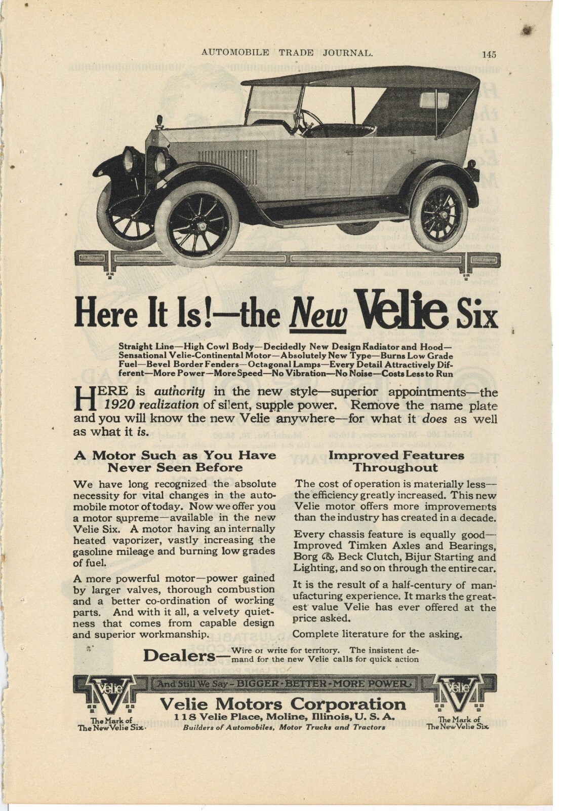 1920 Velie Motors Ad: Six Automobile for 1920 - Moline, Illinois | eBay