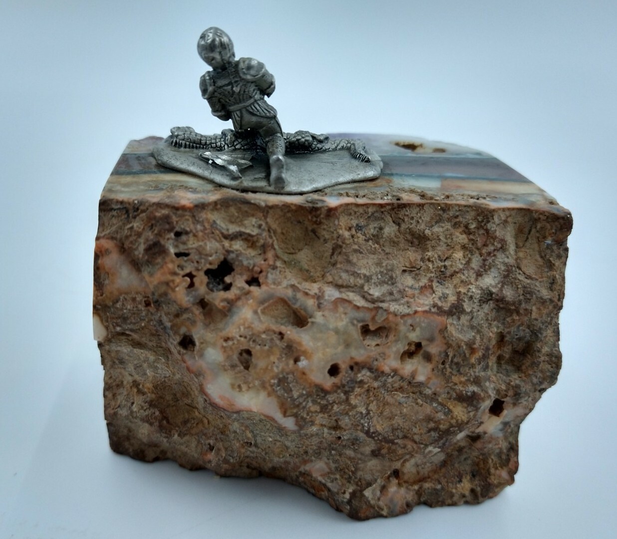 Purple Amethyst Agate Base Pewter Man in Armor Kneeling on Dragon ...