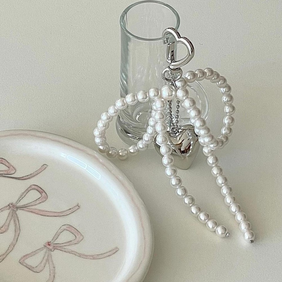 Korean Sweet Pearl Bow Keychain Heart Pendant Keyring Aesthetic Key ...