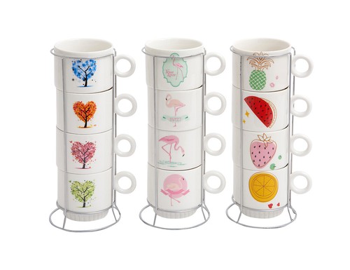 SET OF 4 MUGS CERAMIC STACKABLE MUGS AND STAND DRINKING CUP TEA COFFEE ...