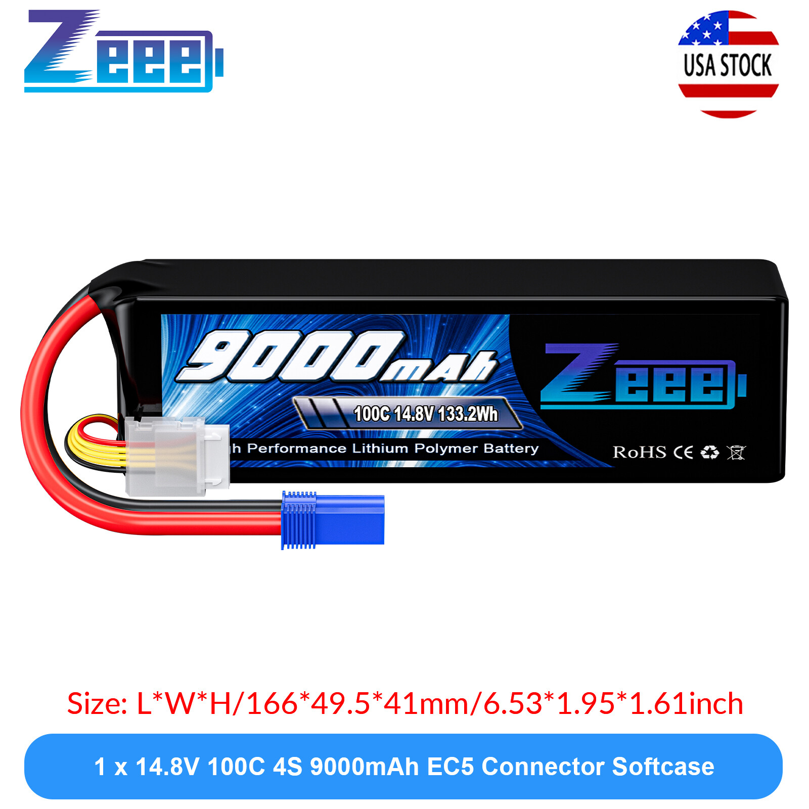 Zeee 4S Lipo Battery 9000mAh 14.8V 100C EC5 for Xmaxx RC Car Truck Tank ...