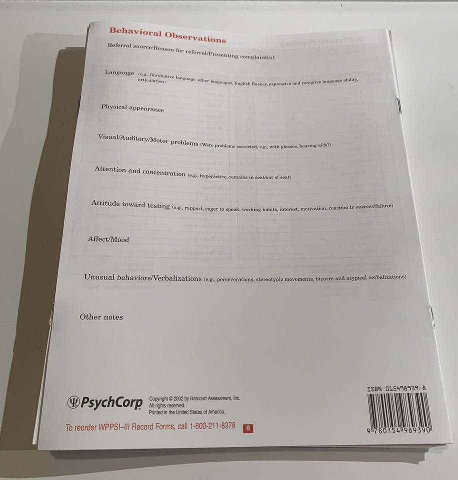 WPPSI-III - Wechsler Preschool & Primary Scale Record Form Ages 2:6-3: ...