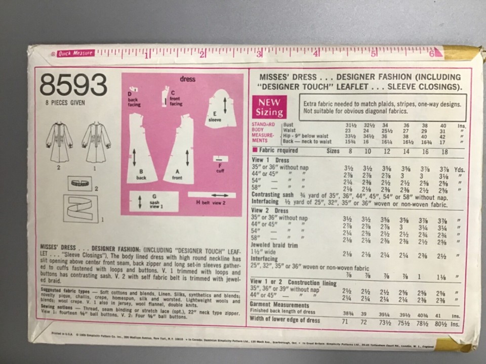 1960's Simplicity Misses' Dress Pattern 8593 Size 14 bust 36 uncut | eBay