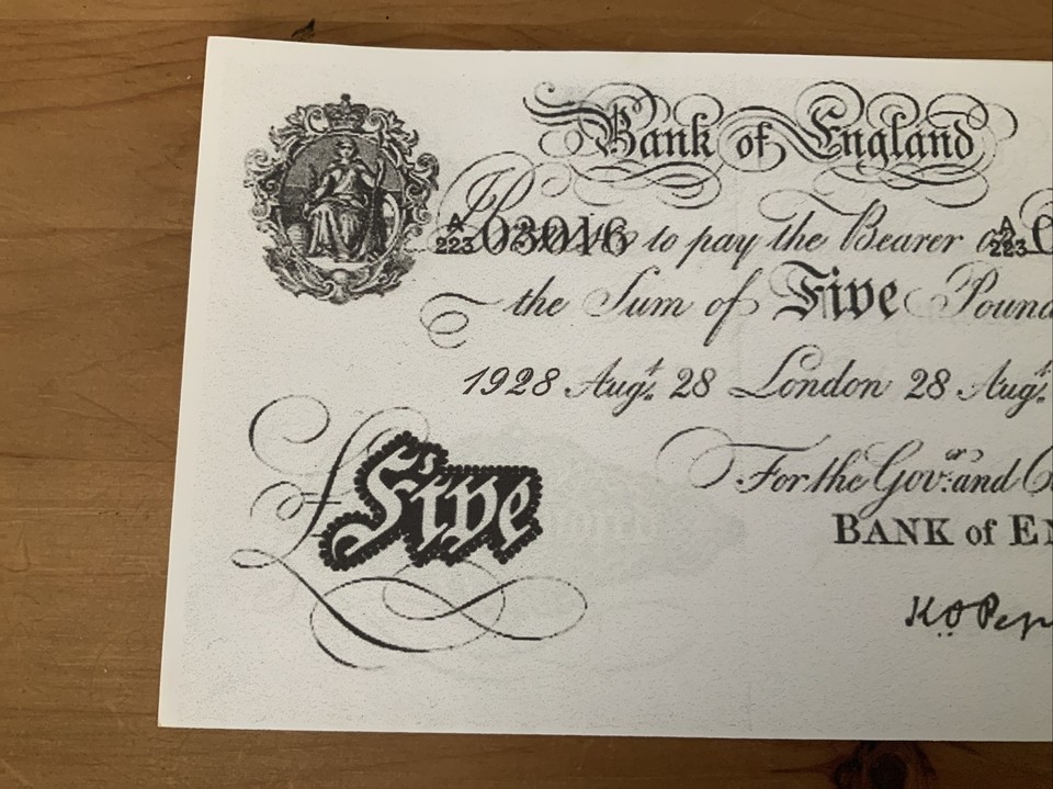 Old White £5 Pound Note 28th August 1928 Reproduced Copy Facsimile ...